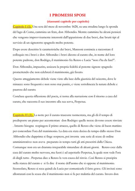 Riassunto Promessi Sposi I PROMESSI SPOSI Riassunti Capitolo Per