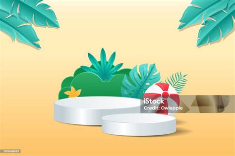 사실적인 열대 식물과 따뜻한 배경에 열대 3d 디스플레이 연단 장식 여름에 적합한 제품 프리젠 테이션 무대에 대한 스톡 벡터