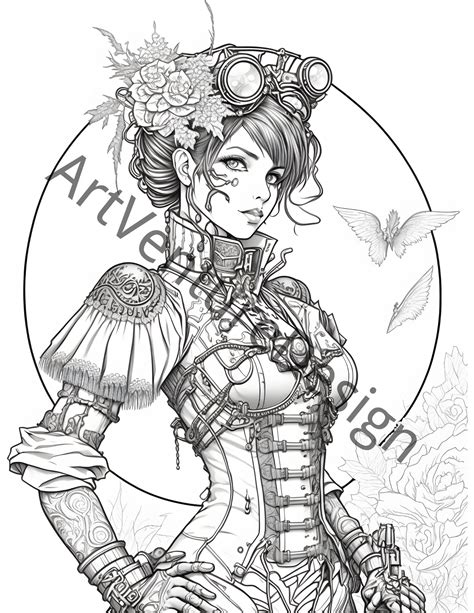 Grayscale Steampunk Lady Coloring Book Set 1 30 Printable Adult