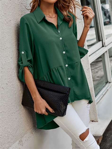 Roll Tab Sleeve Ruffle Hem High Low Hem Shirt Shein Usa