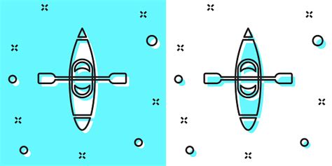 녹색과 흰색 배경에 고립 된 검은 선 카약과 패들 아이콘 낚시와 관광을위한 카약과 카누 야외 활동 임의 동적 셰이프 벡터