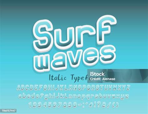 서핑 웨이브 기울임꼴 벡터 서체입니다 자본 과 작은 영어 알파벳 문자 숫자와 기호 헤드 라인과 해변 휴일 디자인에 대한 파란색 그라데이션 색상과 그림자와 3d 스티커 글꼴