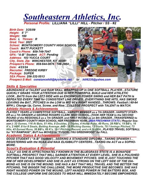 Lilliana “lilli” Hill 2027 Pitcher Ss Montgomery County Hs Ky Southeastern Athletics