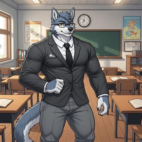 Sophisticated Wolf Character In Gray Suit With Glasses In Classroom Setting Ai Art Generator