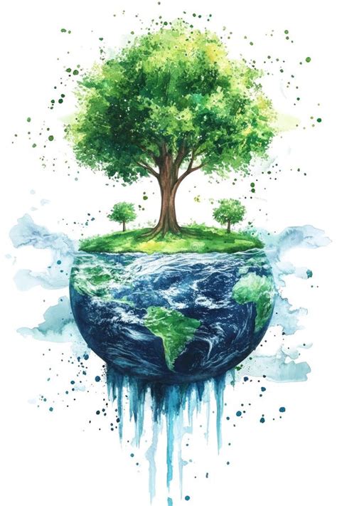 Vibrant Illustration Of A Tree Growing On A Planet Symbolizing Environmental Harmony And