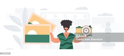 개인은 카메라와 사진을 손에 들고 있습니다 휴식과 여행의 개념 트렌디한 스타일 벡터 일러스트레이션 개념에 대한 스톡 벡터 아트