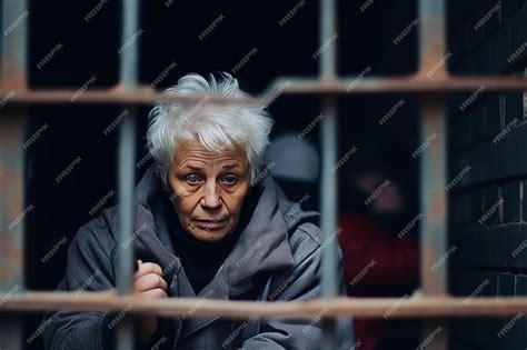 Premium Photo Senior Woman In Prison Uniform Sits Behind Bars In Dark