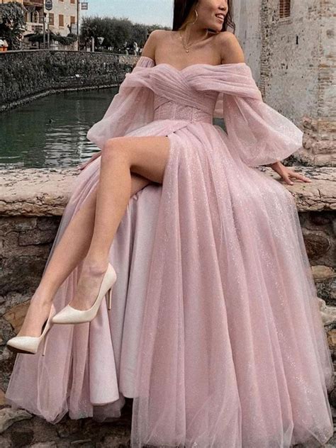 Off The Shoulder Pink Long Prom Dresses Pink Long Tulle Formal Evenin