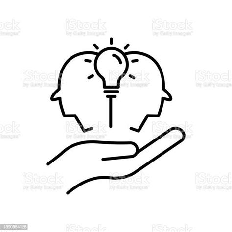 머리와 전구가있는 핸드 라인 아이콘 새로운 아이디어의 개념 아이디어 생성 과정 간단한 일러스트 모바일 개념과 웹 디자인 디자인 템플릿 벡터 개념에 대한 스톡 벡터 아트 및