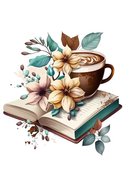 Book, coffee and flowers. Книга, кофе и цветы. PNG. Cute Animal ...