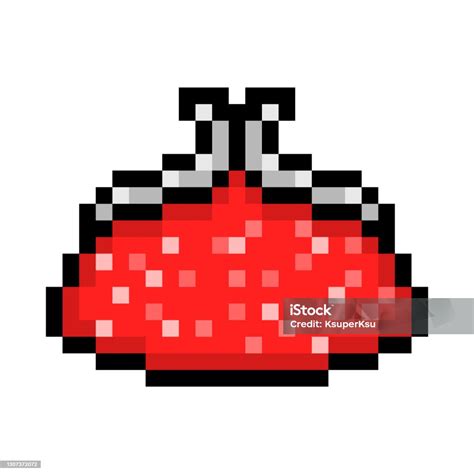 흰색 배경에 고립 된 픽셀 아트 동전 지갑 8 비트 우아한 레드 스파클링 반짝이 스팽글 클러치 가방 아이콘 여성 패션 액세서리 빈티지 복고풍 80 년대 90 년대 슬롯 머신