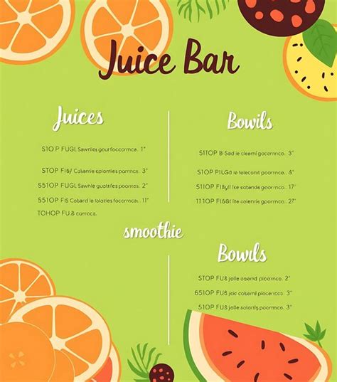 Juice Bar Menu With Fresh Bright Colors And Tropical Patterns Sections