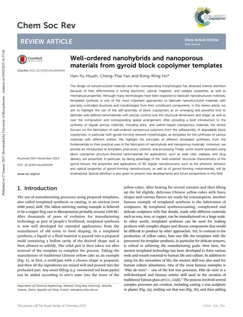 Pdf Well Ordered Nanohybrids And Nanoporous Materials From Gyroid Block Copolymer Templates