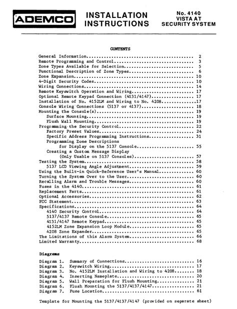 Ademco Vista At 4140 Security System Installation Instruction Manualslib