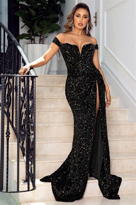 Front High Slit Black Sequins Evening Dress Gown Season