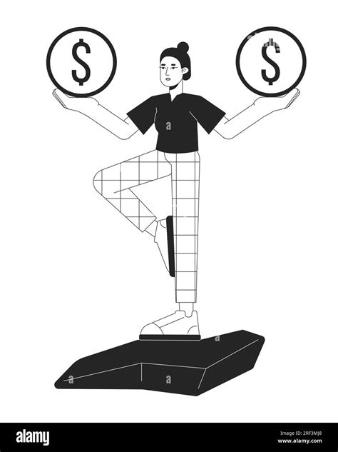 Woman Balancing With Coins On Hands Flat Line Black White Vector