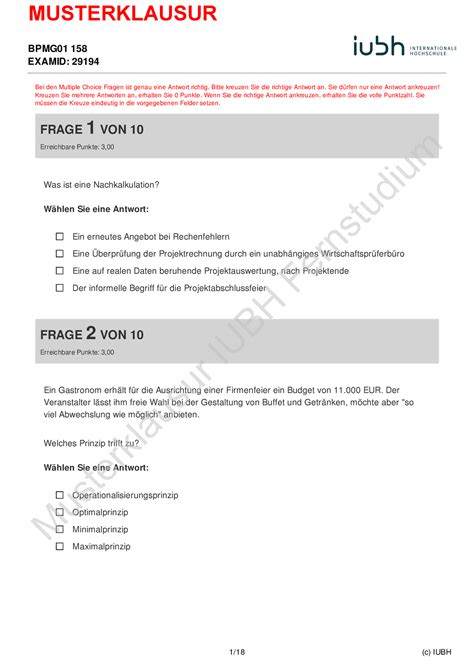 BPMG01 MK3 NEU Klausur Muster Was Ist Eine Nachkalkulation Was Ist