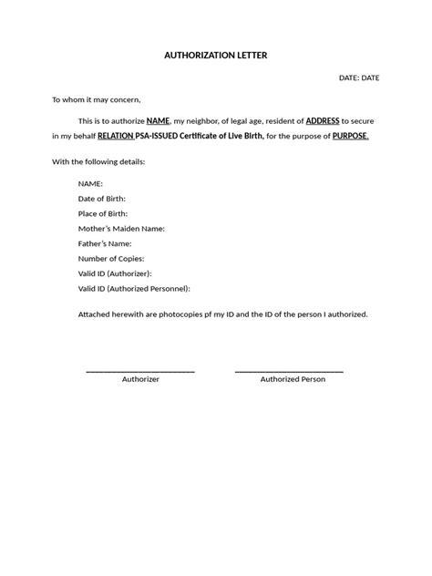 Authorization Letter Psa Pdf
