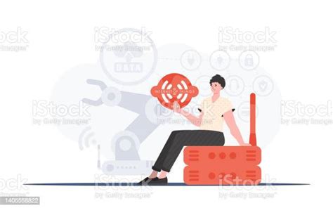 Iot 개념 한 남자가 사물 인터넷 로고를 손에 쥐고 있습니다 라우터 및 서버 프리젠 테이션 및 웹 사이트에 좋습니다 트렌디 한 평면 스타일의 벡터 일러스트레이션 Brand