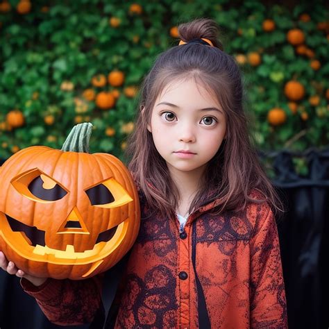 Premium Ai Image A Girl With Halloween Pumpkin In Front Of Her Hand