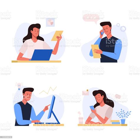 오피스 비즈니스 피플 일러스트는 플랫 한 디자인 사무실 작업장 노트북에 대한 스톡 벡터 아트 및 기타 이미지 노트북 데스크탑 컴퓨터 벡터 Istock