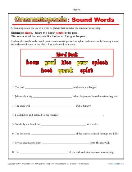 Onomatopoeia Sound Words Figurative Language Worksheets