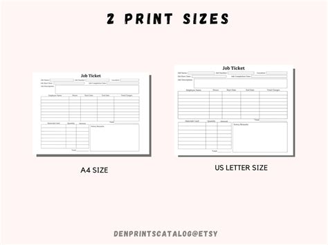 Job Ticket Printable Work Order Form Template Work Order Receipt Work Log Time Log Job Time