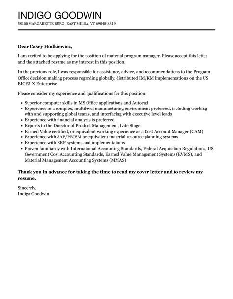 Material Program Manager Cover Letter Velvet Jobs