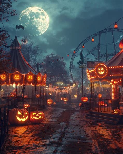 Haunted Carnival Scene At Night With Jack O Lanterns Ferris Wheel
