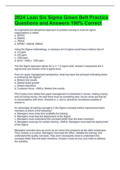 2024 Lean Six Sigma Green Belt Practice Questions And Answers 100 Correct Six Sigma Green