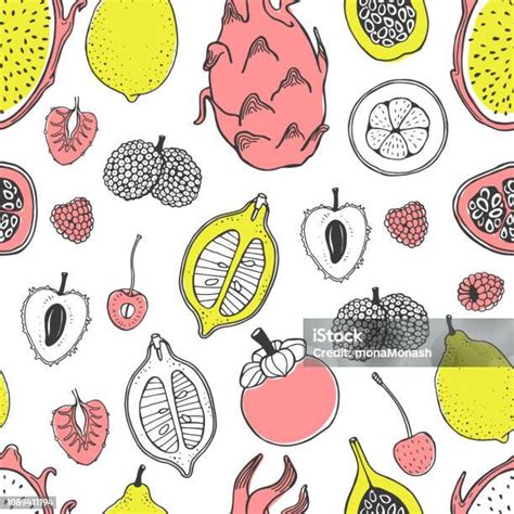 과일의 스케치와 함께 원활한 자연 패턴입니다 파파야 무화과 배 복숭아 망고스틴 흰색 바탕에 열매의 노란 장미 벡터 선 그림 열 대 음식입니다 0명에 대한 스톡 벡터 아트 및
