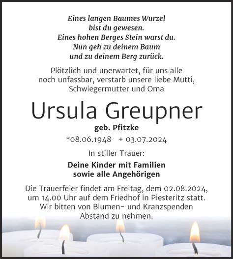 Traueranzeigen Von Ursula Greupner Abschied Nehmende