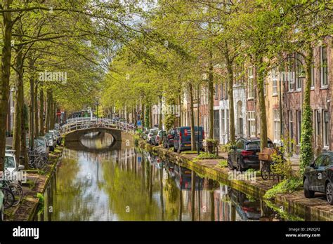 Delft The Netherlands April 26 2023 Old Delft Canal In Spring With