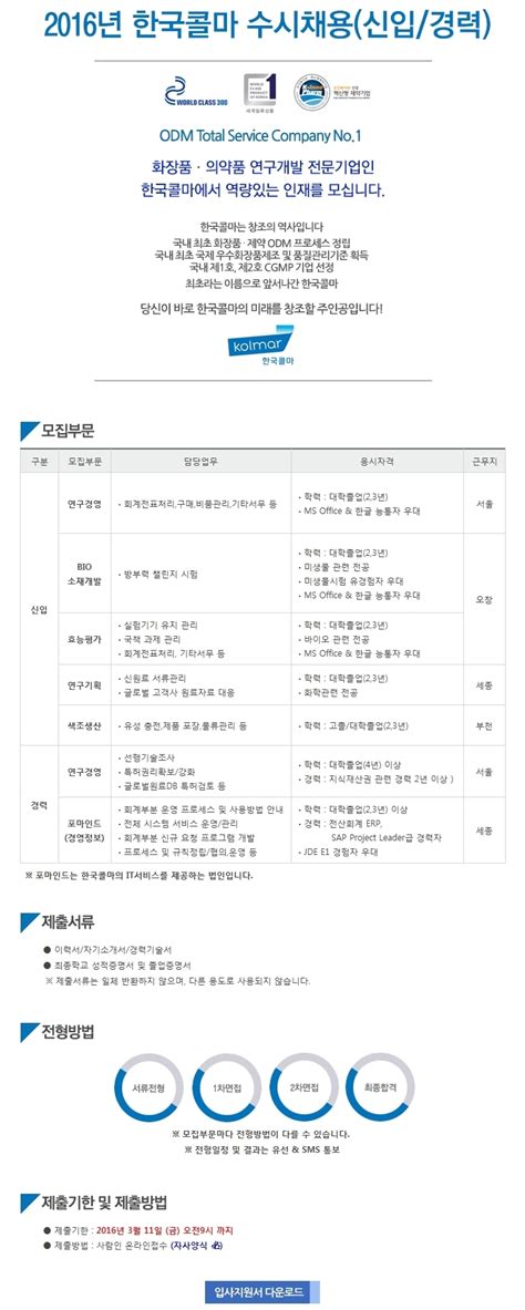 한국콜마 채용공고 한국콜마 연구경영 등 2016년 채용