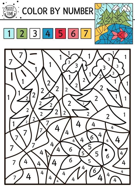 Vector Forest Color By Number Activity With Fir Trees River Sun And
