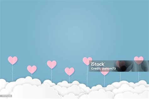 하늘에 심장 발렌타인 데이 인사말 카드와 사랑 개념 복사 공간이 있는 용지 아트 컷 스타일입니다 벡터 일러스트레이션 2월에 대한