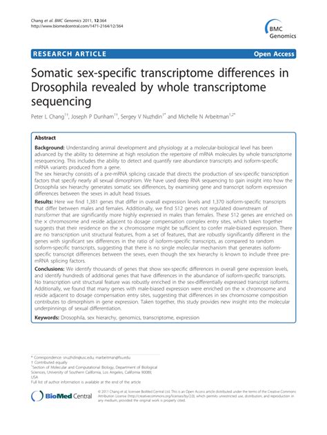 PDF Somatic Sex Specific Transcriptome Differences In Drosophila Revealed By Whole