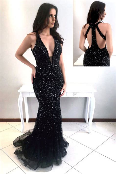 Open Back Mermaid Black Prom Dressesdeep V Neck Prom Dress Party Gown