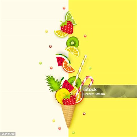 아이스크림 과일 3d 이미지 파스텔입니다 아이스크림 콘 라임 레몬 오렌지 키 위 추상 배경 종이에 수 박 잘라 스타일 미니 멀 파스텔 여름 음식 개념입니다 벡터 0명에 대한