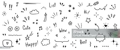 귀여운 반짝이 펜 라인 요소를 낙서 낙서 하트 화살표 별 스파클 장식 기호 세트 아이콘입니다 간단한 스케치 선 스타일 강조 주의 패턴 요소 벡터 귀여운에 대한 스톡 벡터