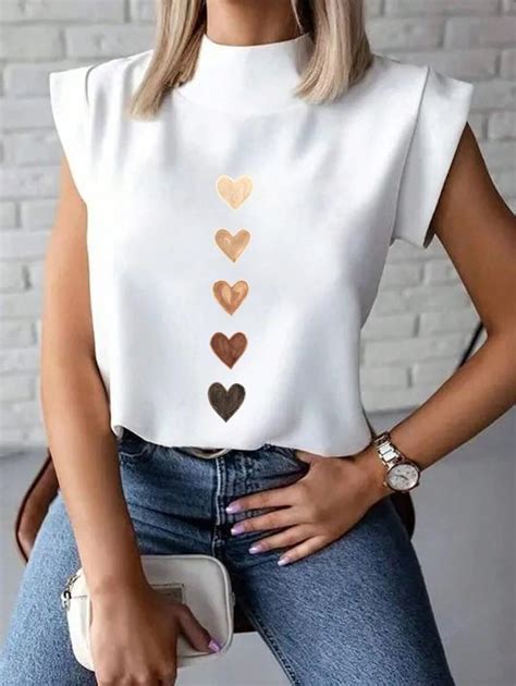 Inawly Casual Heart Print Collared T Shirt Summer Graphic Tees Women