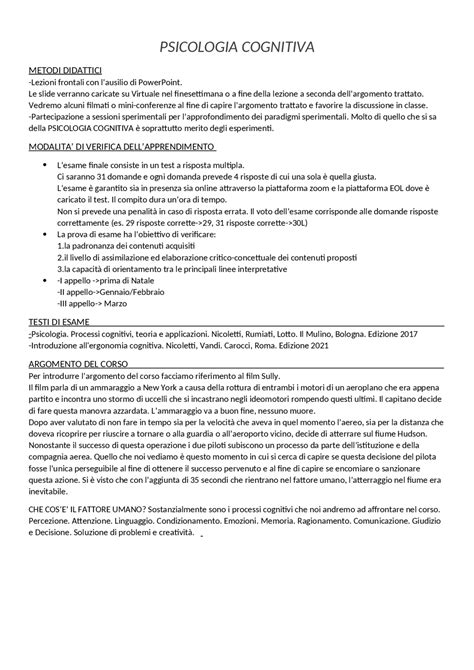 Riassunti Lezioni Psicologia Cognitiva Docsity
