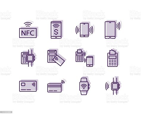 Nfc 지불 플랫 라인 아이콘 설정 Pos 단말기로 결제하는 스마트폰과 카드 Nfc의 벡터 기호입니다 상점 웹 사이트 또는