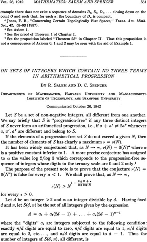 On Sets Of Integers Which Contain No Three Terms In Arithmetical