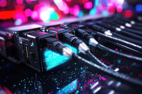 Ethernet Cables Connected To Network Switch With Neon Lights In Background Stock Image Image