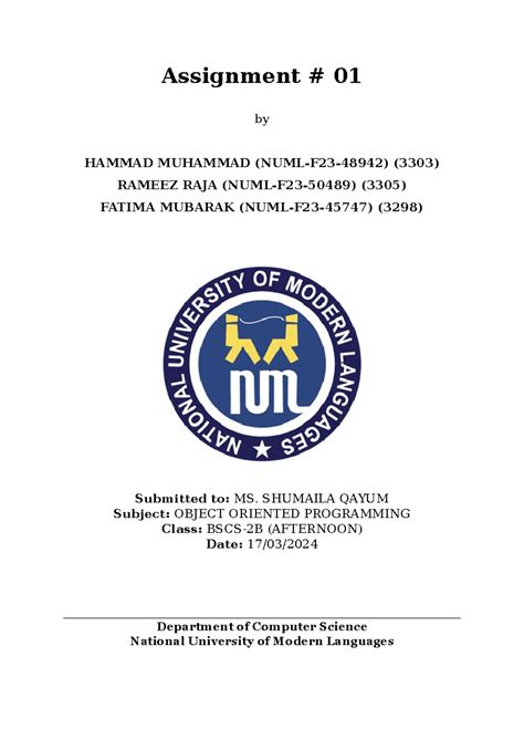 Oopassignment1final Final Assignment 01 By Hammad Muhammad Numl