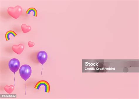 하트 풍선 Lgbt 색상의 무지개가 있는 분홍색 배경 공간을 복사합니다 발렌타인 데이 결혼식 배경 광고 문안을위한 빈 공간