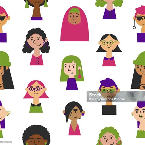 다양한 인종의 여성 얼굴 피부 색조 및 헤어 스타일 소녀 파워 개념 여성의 다양성과 평등 플랫 벡터 원활한 패턴 여자에 대한 스톡 벡터 아트 및 기타 이미지 Istock
