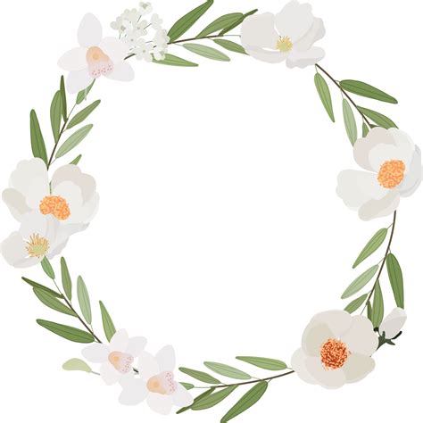 White Camellia Flower On Green Circle Background Wreath Frame Flat