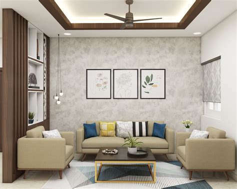 Cream And Grey Textured Living Room Wallpaper Design Livspace